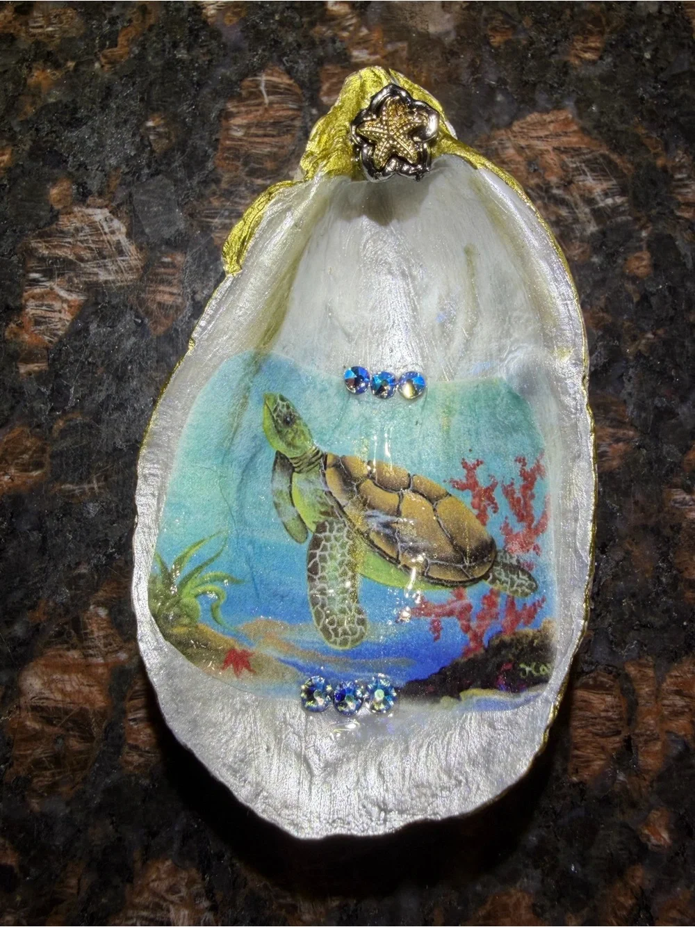 Handmade | Accents | Handmade Turtle Decoupage Oyster Shell Trinket ...